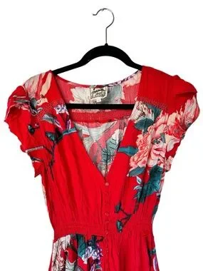 Jaase | Dresses | Jaase Boho Maxi Dress Red Floral Button Front Tiered ...